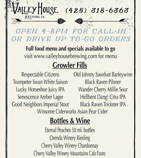 Menu at Valley House Brewing Co. restaurant, Duvall