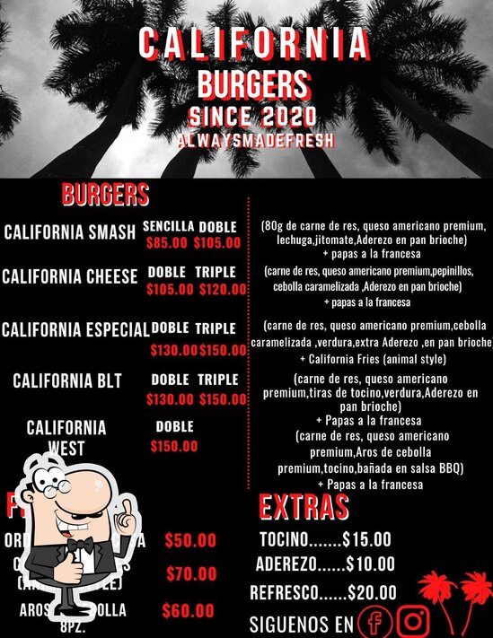 Menu at California Burgers restaurant, Ocotlán