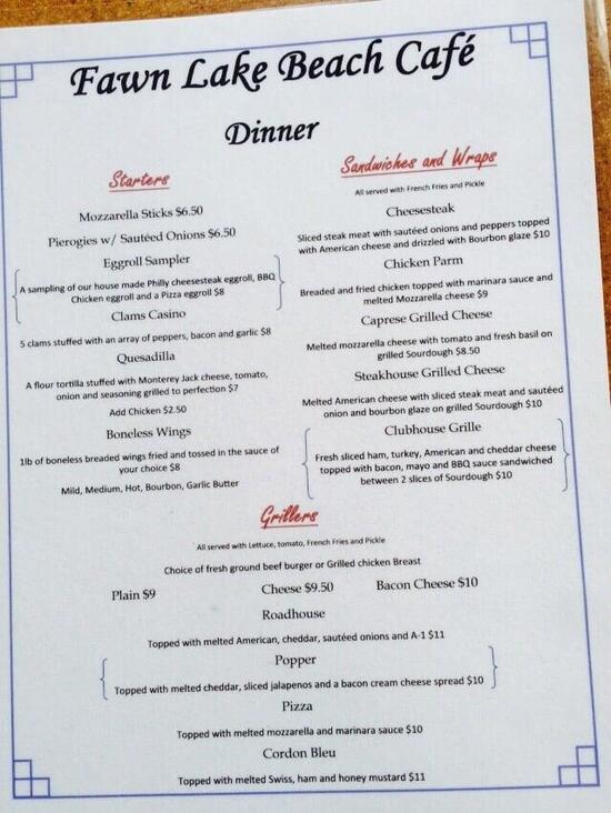 Menu at Fawn Lake Beach House pub & bar, USA