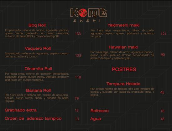Menu at Kome Sushi restaurant, Tulancingo