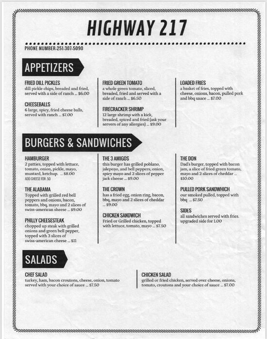 Menu at Highway 217 Cafe and Grill, Semmes