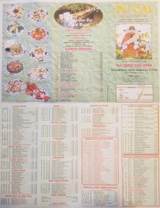 Menu at Fu Cai restaurant, Brattleboro