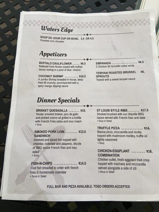 Menu at Waters Edge pub & bar, Belvidere, 487 US-46