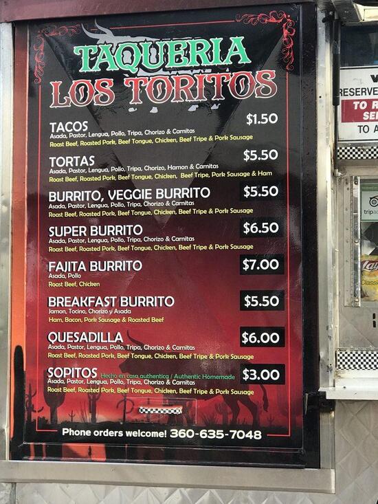 Menu at Taqueria Los Toritos restaurant, Battle Ground