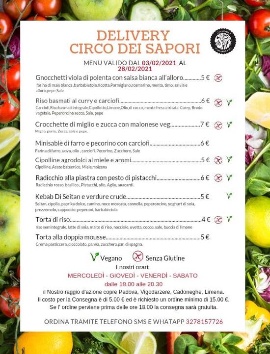 Menu at Circo dei sapori restaurant, Padua