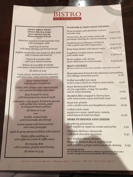 Menu at Bistro on the Quay pub & bar, Ipswich