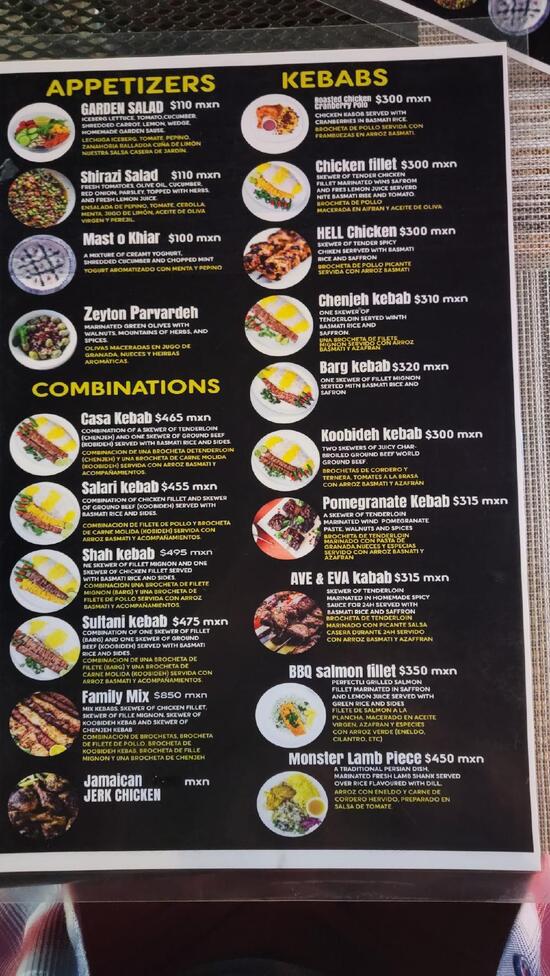 Menu at Iranian Restaurant, Playa del Carmen
