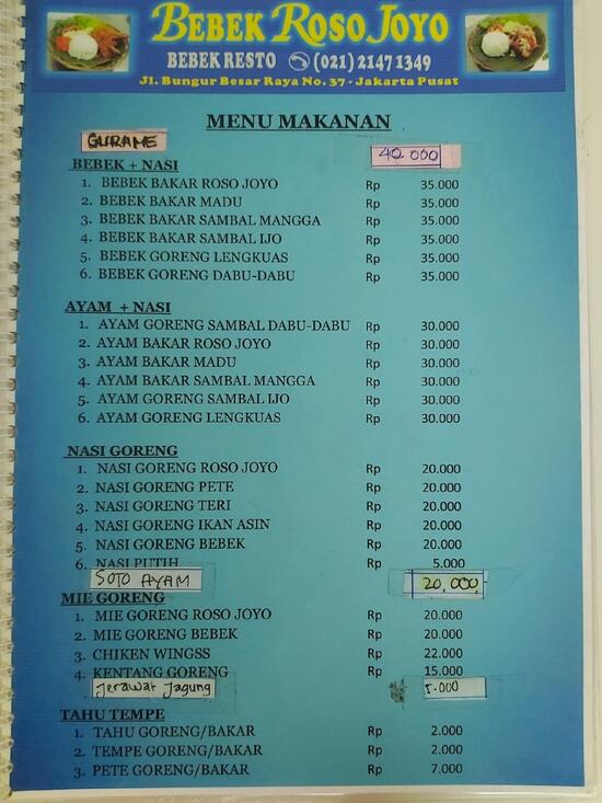 Menu at Bebek Roso Joyo restaurant, Central Jakarta