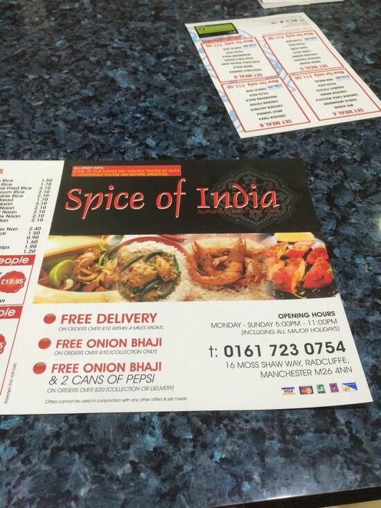 Menu at The Spice Of India fast food, Manchester, 16 Moss Shaw Way