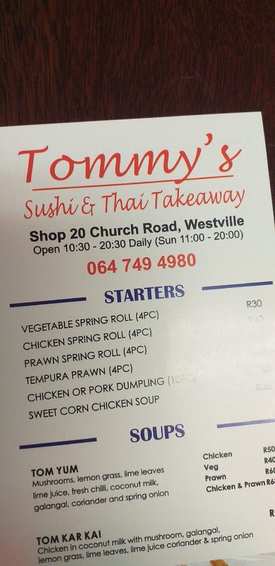 Menu at Tommy's sushi & thai restaurant, Westville