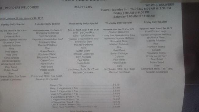 Menu at Tina's Home Cookin' restaurant, Talladega