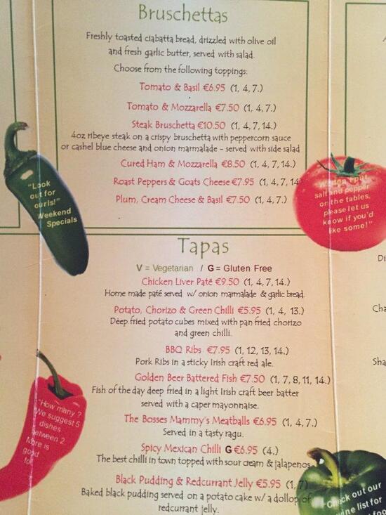 Menu at The Grapevine pub & bar, Kilkenny