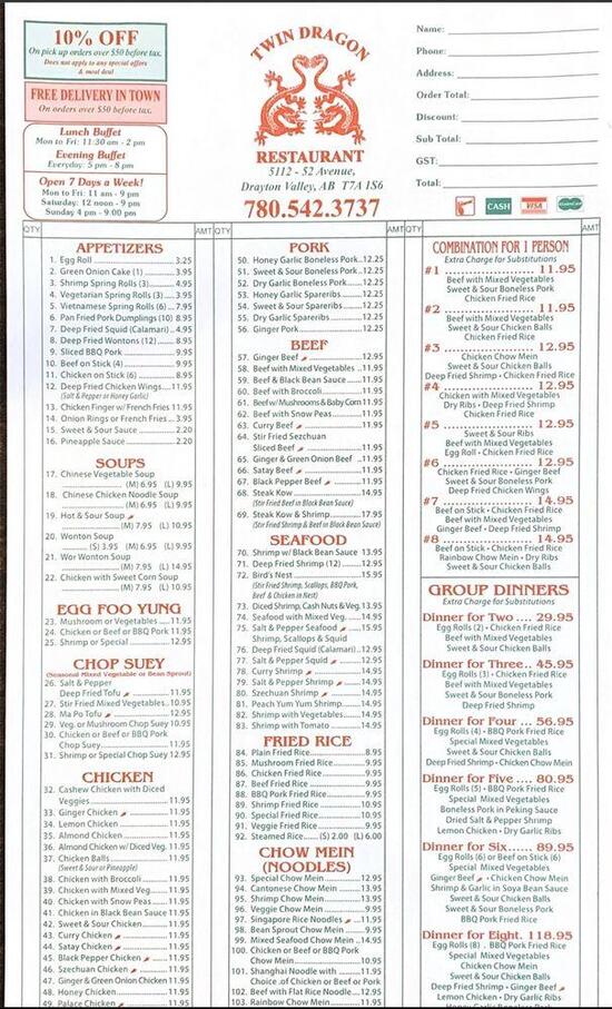 Menu at Twin Dragon Restaurant, Drayton Valley