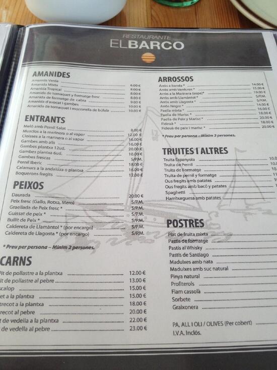 Carta de Restaurante El Barco, Ibiza
