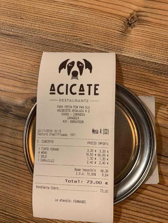 Menu at Acicate restaurant, Zaragoza