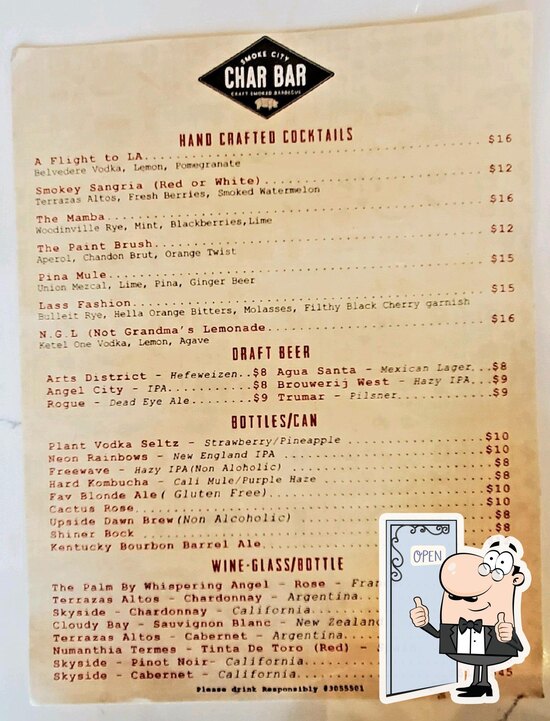 Menu at Smoke City Char Bar, Los Angeles