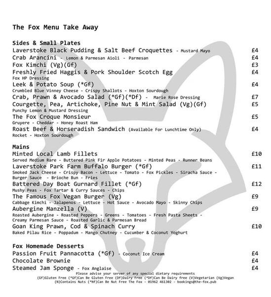 Menu at The Fox pub & bar, Winchester