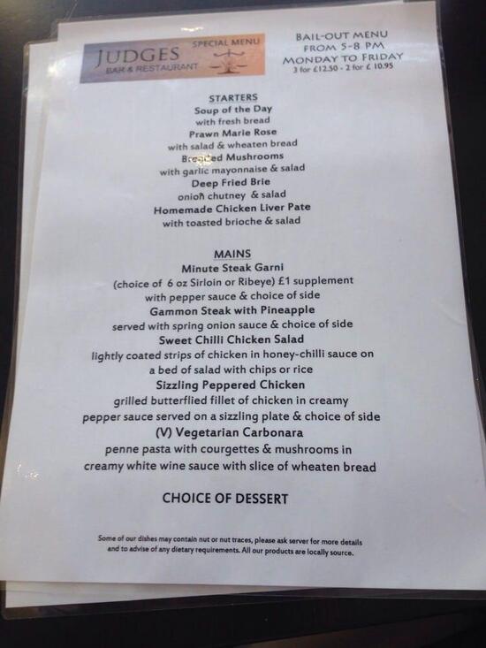 Menu at Judges restaurant, Antrim