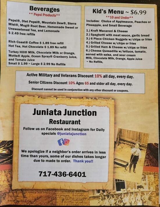 Menu at Juniata Junction Restaurant, Mifflintown, William Penn Hwy