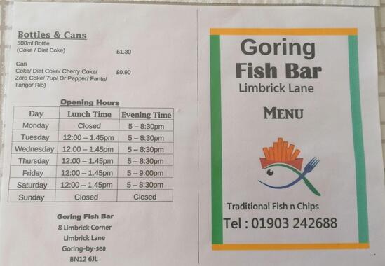 Menu at Goring Fish Bar, Worthing