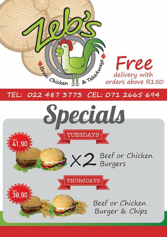 Menu at Zeb's Braai Chicken and Takeaways restaurant, Malmesbury
