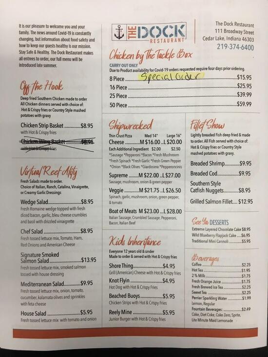 Menu at The Dock Restaurant, Cedar Lake