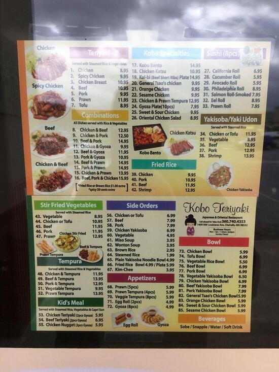 Menu at Kobo Teriyaki restaurant, Chehalis