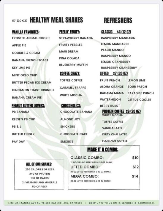 Menu at Phoenix Nutrition pub & bar, Carmichael
