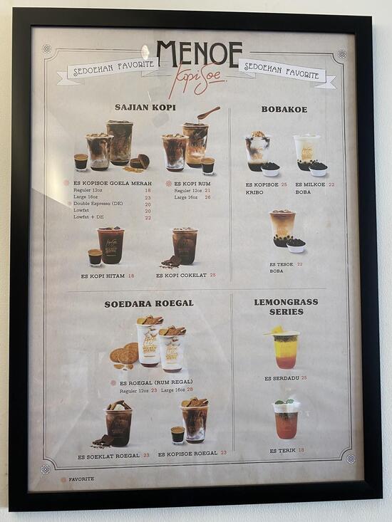 Menu at Kopi Soe Andalas restaurant, Makassar