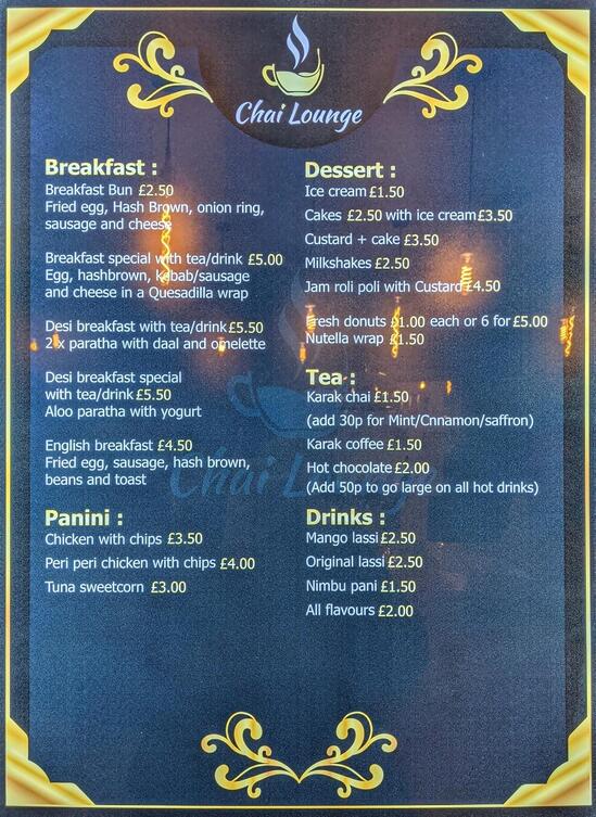 Menu at Chai lounge cafe, Blackburn