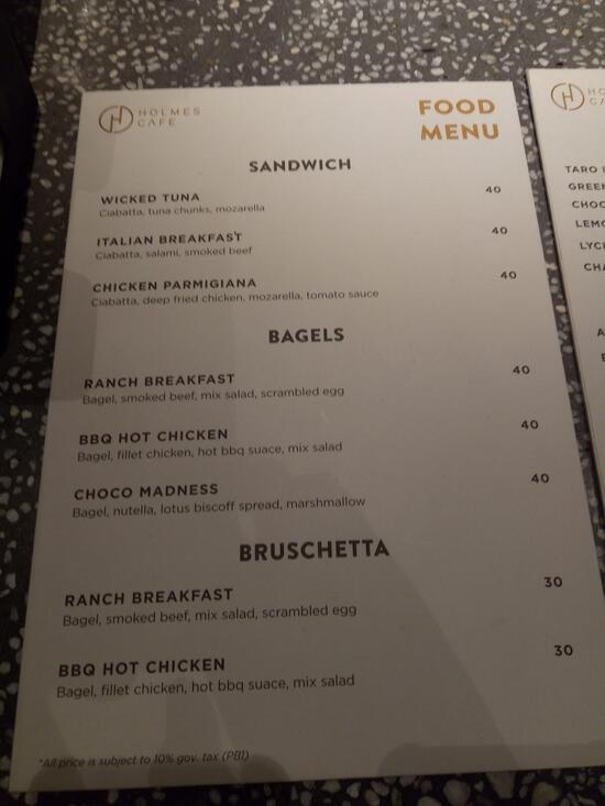 Menu at Holmes Cafe, South Jakarta