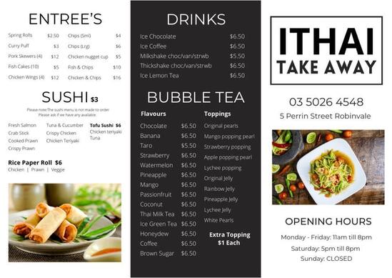 Menu at Ithai take away restaurant, Robinvale