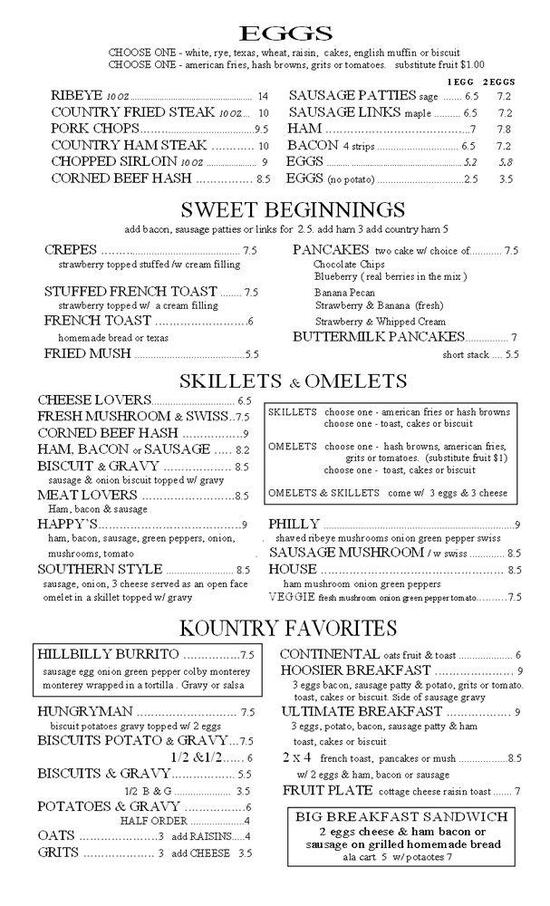 Menu at Happy's Kountry Kitchen restaurant, Elkhart