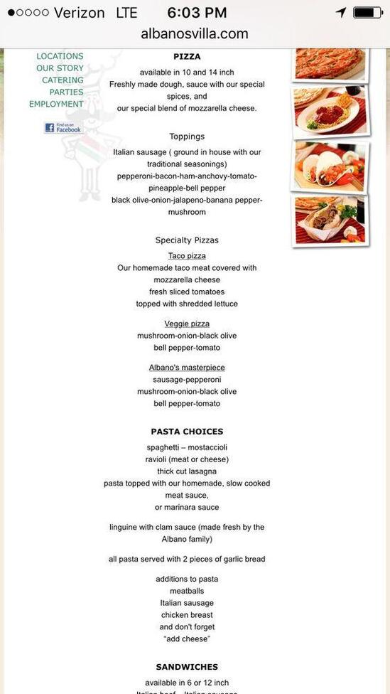 Menu at Albano's Pizza Inc pizzeria, USA, W Johnson Rd