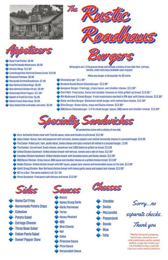 Menu at Rustic Roadhaus pub & bar, USA, US-51