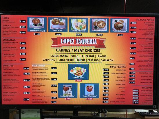 Menu at López Taqueria restaurant, Sunnyvale