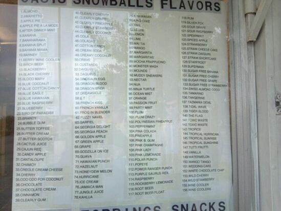 Menu at Oasis Snowball restaurant, Houston, n dairy. Ashford