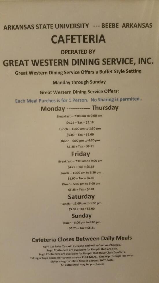 Menu at University Cafe, Beebe
