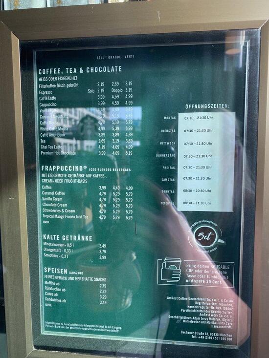 Speisekarte von Starbucks cafe, Berlin, PARISER PLATZ 4A
