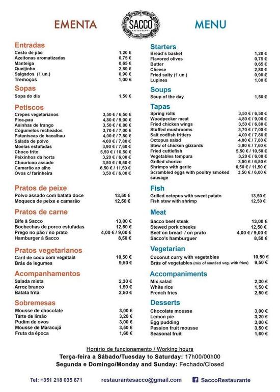 Menu at Sacco restaurant, Lisbon