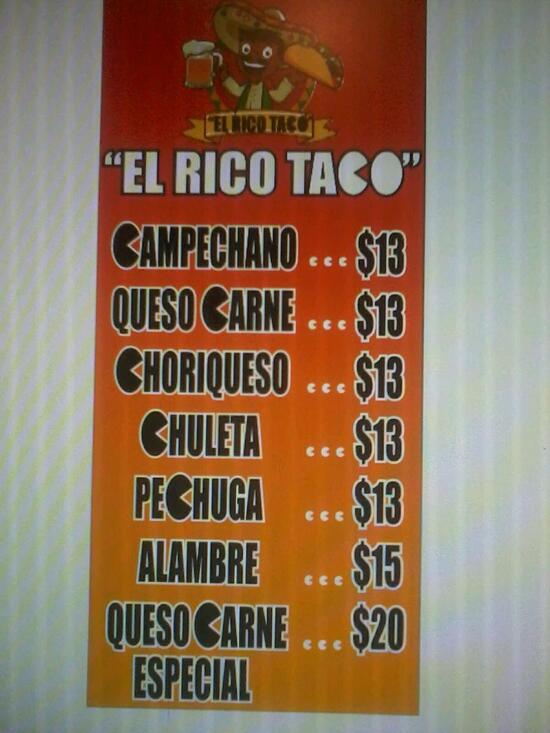 Menu at Tacos El Rico Taco restaurant, Naucalpan