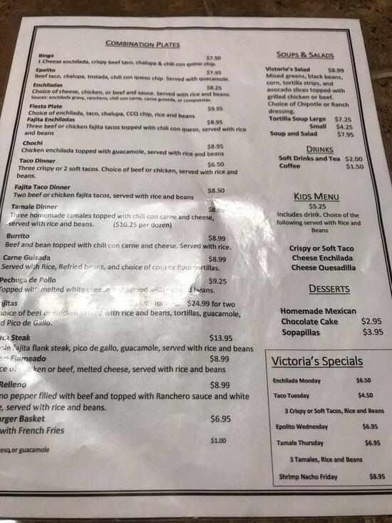 Menu at Victoria's Cocina restaurant, Van Vleck