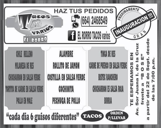 Menu at El RORRO TACOS Varios, Tijuana