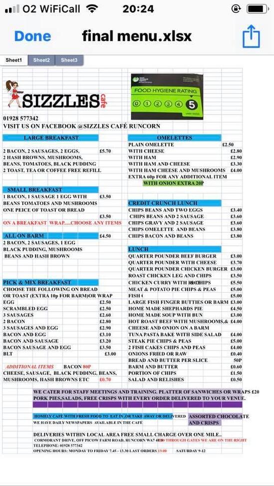 Menu at Sizzles Cafe, Runcorn