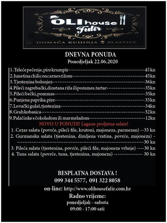 Menu at Bistro Fulir restaurant, Zagreb