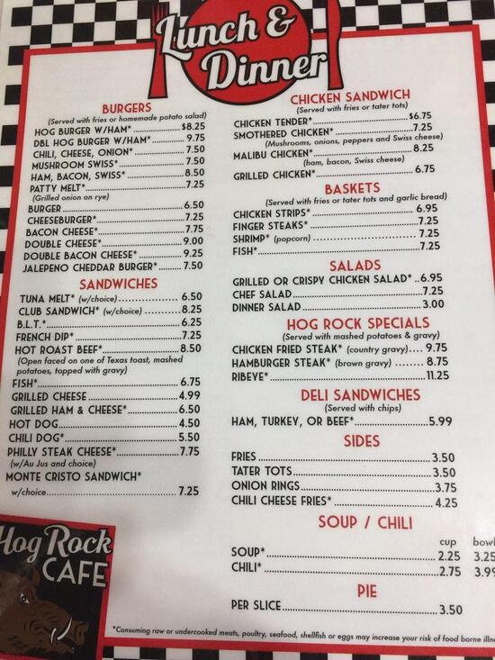 Menu at Hog Rock Cafe, Ontario