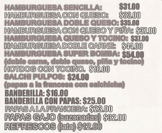 Menu at La Bomba restaurant, Mexico City, 3a. Cda. de Técnicos Y Manuales