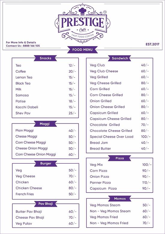 Menu at Prestige Cafe, Pune, Paud Rd