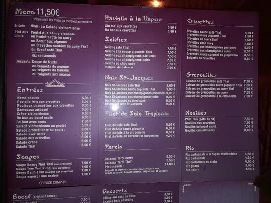 Menu at Sala Thai restaurant, Digoin