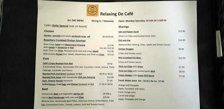 Menu at Relaxing De Cafe, Malvern East
